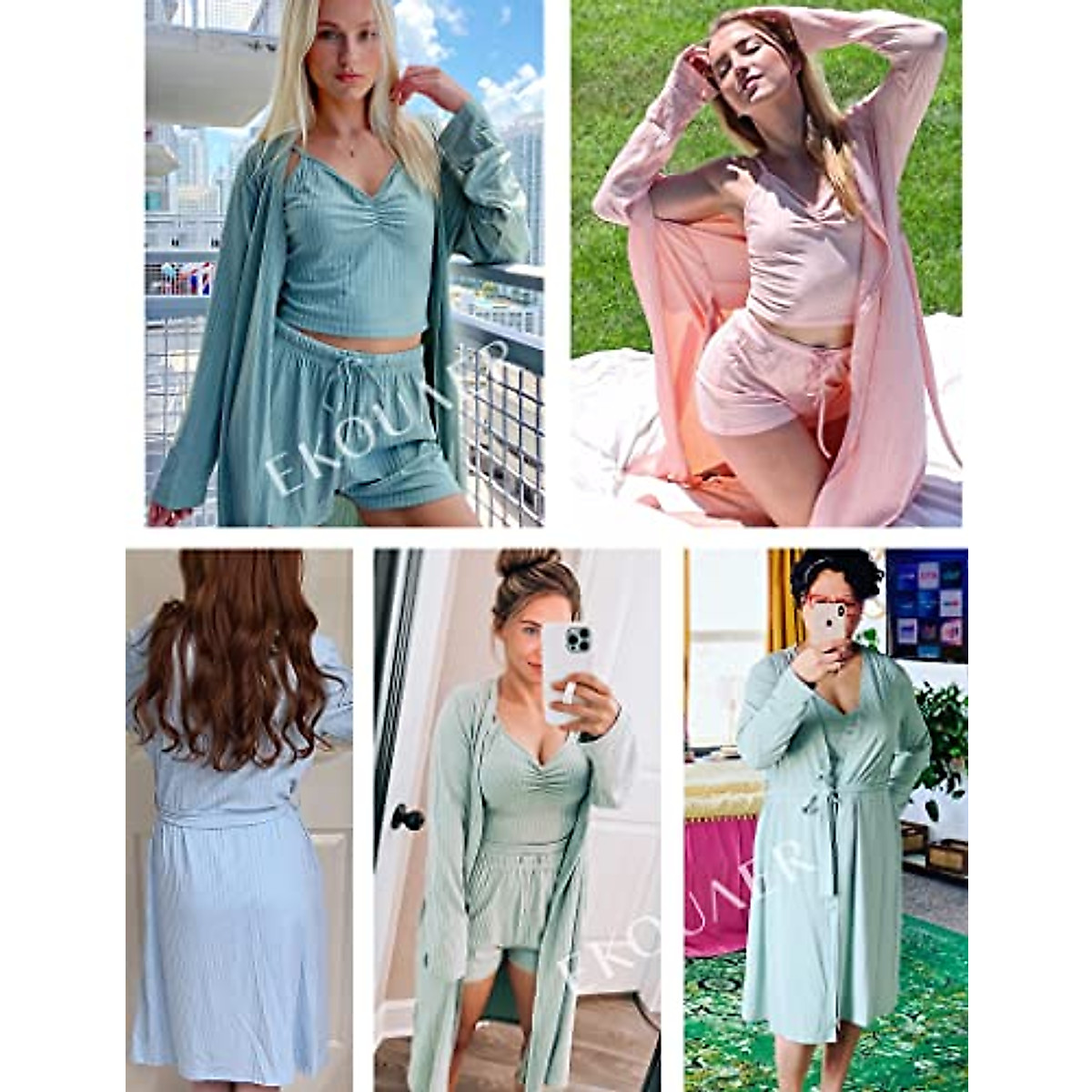 Ekouaer 3 Piece Lounge Sets for Women Cami Shorts Pajama Set with Belted Robe Matching Loungewear Light Blue
