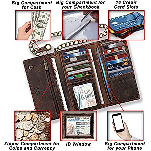 F&L CLASSIC RFID Blocking Mens Tri-fold Long Style Cowhide Leather Steel Chain Wallet,buffalo vintage leather