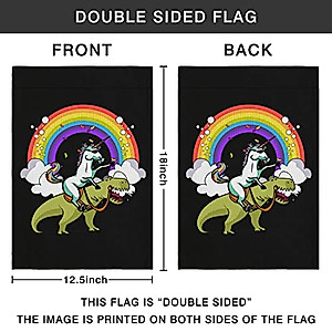 Funny Unicorn Riding T-Rex Dinosaur Rainbow Garden Flag Yard Home Flag 18 x 12.5 Inch