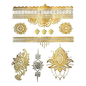 Terra Tattoos Gold Metallic Temporary Tats Geometric Henna Designs Waterproof Nontoxic Long Lasting Perfect for Beach, Festivals, & more! (Maya)