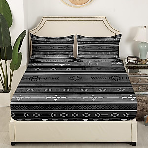 jejeloiu Southwestern Bed Sheet Set Twin Size Tribal Fitted Sheet for Kids Boys Geometric Bedding Set Native American Design Grey Bed Cover Deep Pocket Bedroom