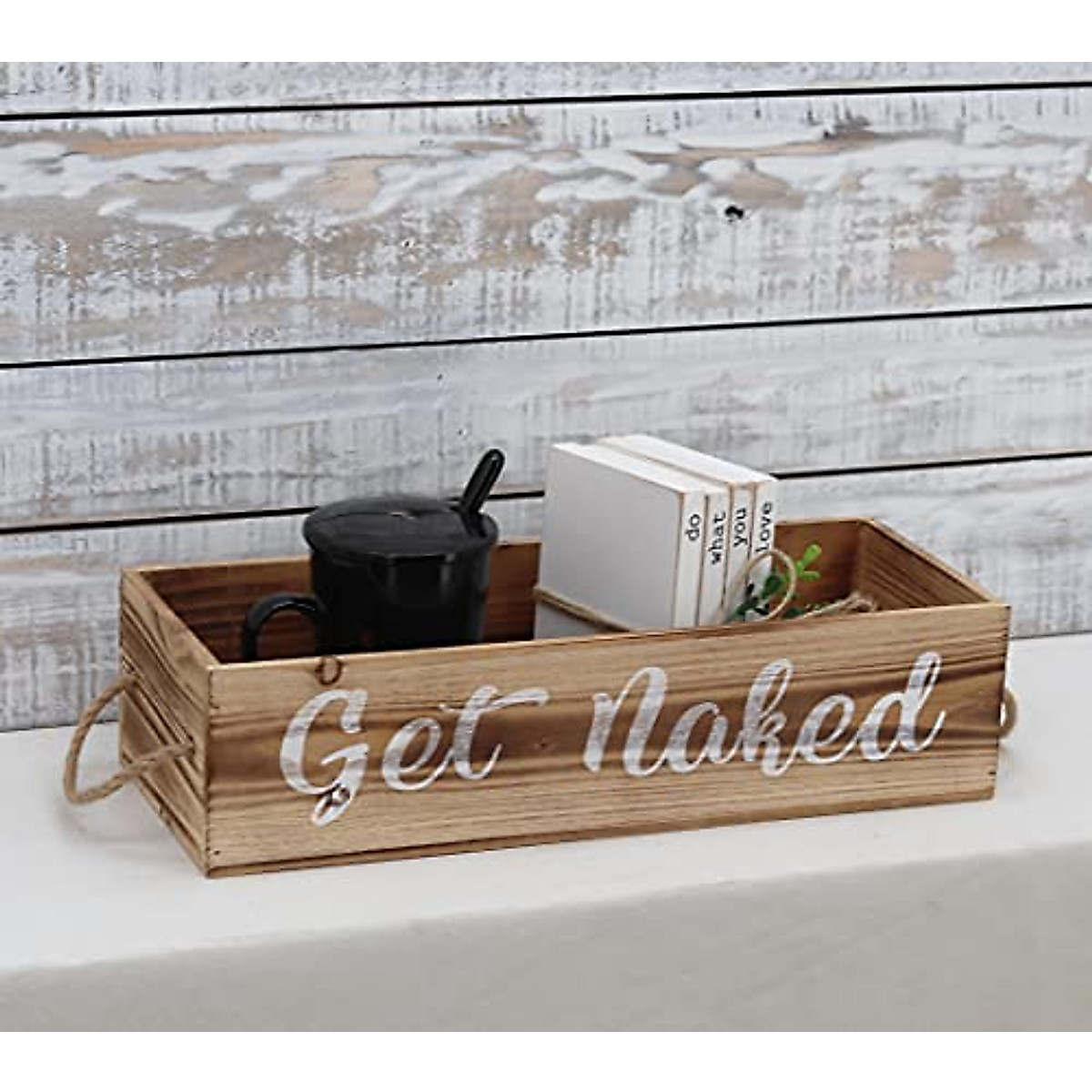 Get Naked Farmhouse Toilet Paper Basket, Rustic Wooden Bathroom Decor Box, Bathroom Organizer Over Toilet, Funny Toilet Paper Storage with Rope Handle, Brown