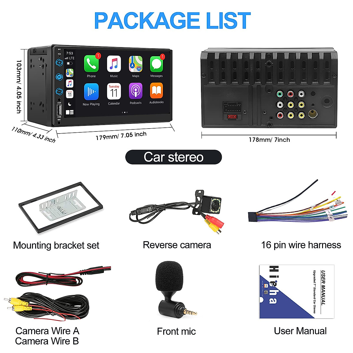 Double Din Car Stereo with Bluetooth,Compatible with Apple CarPlay & Android Auto,7 Inches HD Touchscreen Car AM/FM Radio Audio Receiver with Reverse Camera,Front Microphone,Voice Control,AUX /SWC/USB