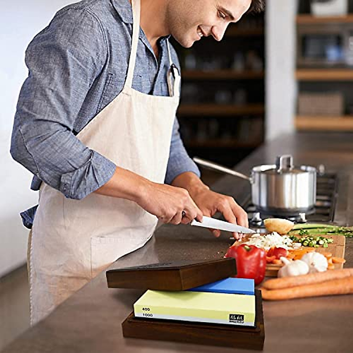 Sharpening Stone Set with Wood Storage Box, SHAN ZU Whetstone Dual Grit 400/1000 & 3000/8000 Knife Sharpener Stone Includes Non-Slip Rubber Strip & Flattening Stone & Angle Guide & Leather Razor Strop