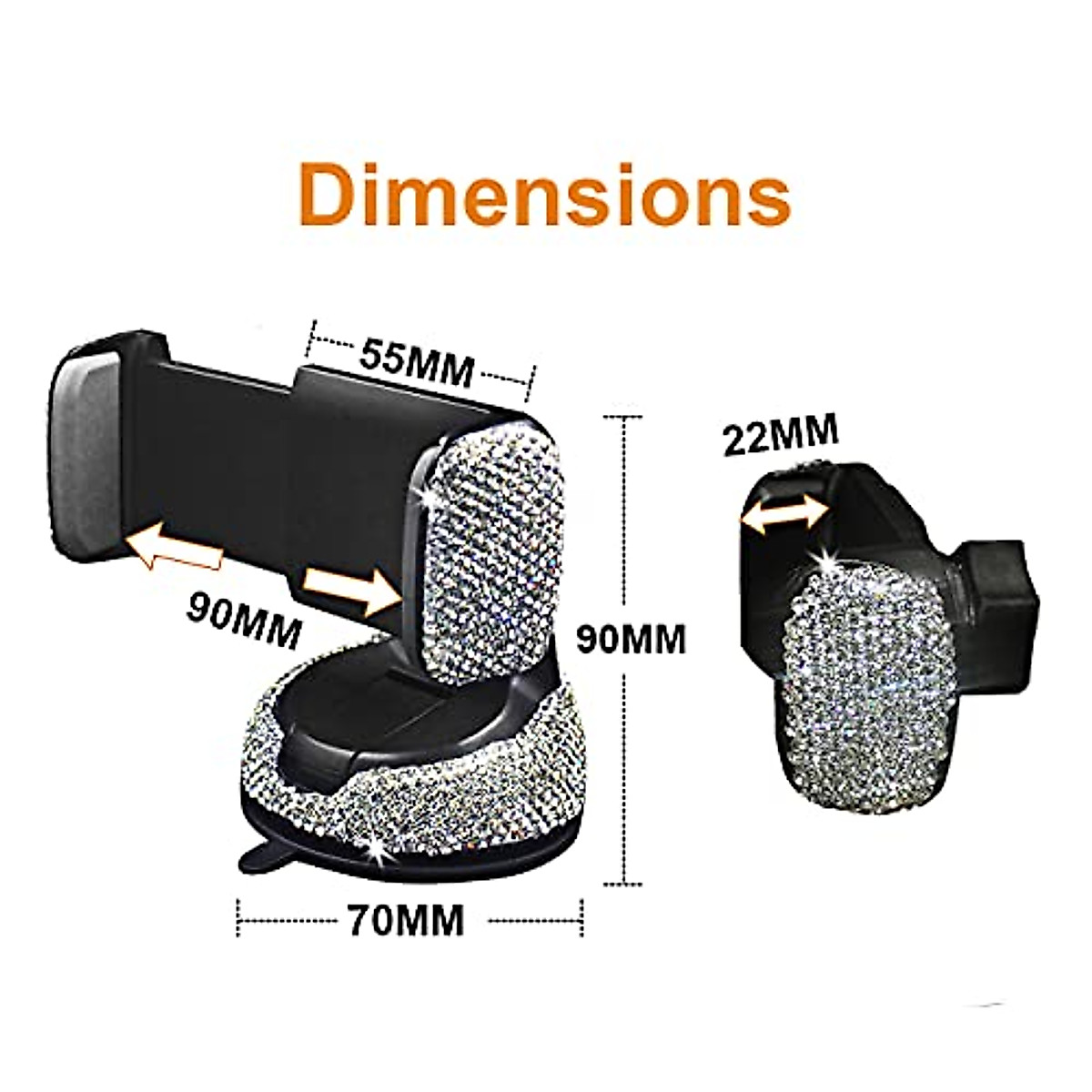 Bling Phone Holder for Car, Girly Rhinestone Car Dashboard Windshield Cell Phone Mount , 360 Degree Adjustable Glitter Sparkly Handcrafted Diamond Car Decor for Women with Air Vent Hook Clip, White