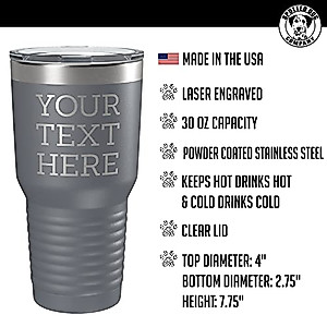 Personalized 30oz (17 Colors) Powder Coated Insulated Stainless Steel Tumbler with Lid, Custom Etched, Customized Text Message Name, Engraved Gift Idea Women Men Him Her, Your Text Here (Gray)