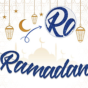 Ramadan Mubarak Banner Decorations for Home Gold Blue Moon and Star Bunting Garland Eid Ramadan Muslim Islamic Hanging Celebration Party Decorations 2 Packs for Muslim