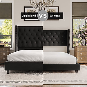 Jocisland Queen Bed Frame Wingback Headboard Upholstered Bed Velvet Tufted Deep Button/No Box Spring Needed/Easy Assembly/Black