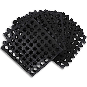Rubber Floor Mats Anti Fatigue Kitchen Mats 9 Pack 11.8" x 11.8" Modular Rubber Interlocking Floor Tiles, Drain Pool Balcony Patio Yard Pet Area Use Restaurant Bar Floor Mat Black