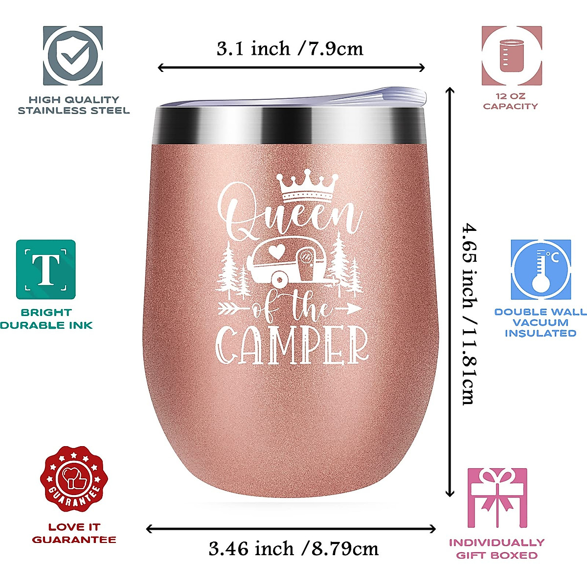 Hopedoit Camping Gifts Wine Tumbler 12OZ, Camping Gifts for Women, Camper Gifts, Gifts for Campers, Queen of The Camper, Gifts for RV Campers, Camping Gifts for Camper, Cool Gifts for Camping Lovers