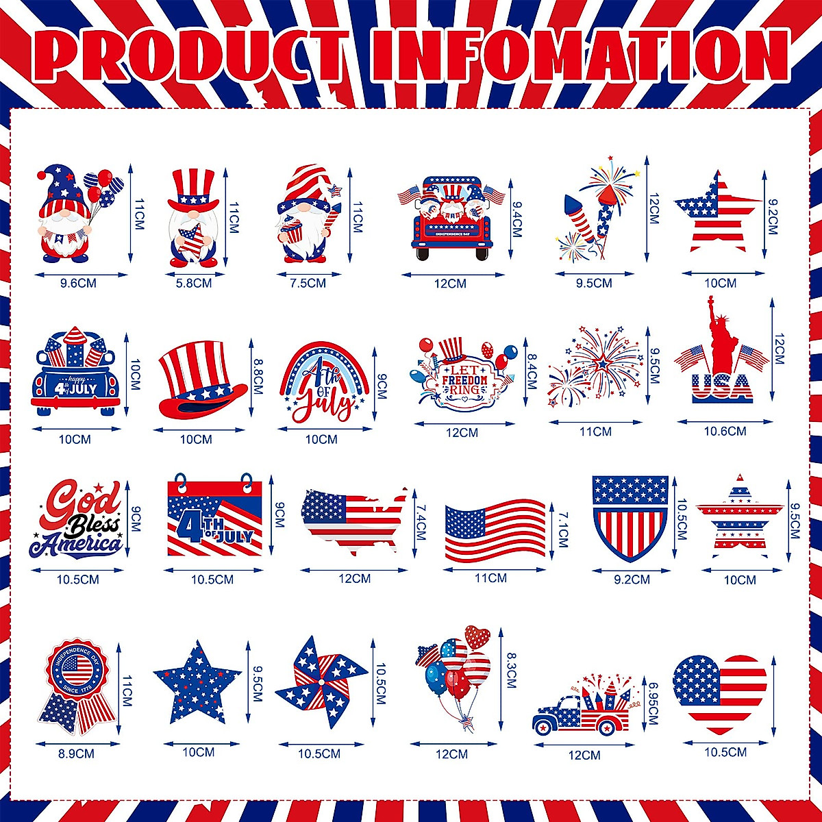 24 Pieces Patriotic Magnets 4th of July Car Refrigerator Magnets Independence Day Gnomes USA Flag Decorative Magnetic Stickers for Fridge Metal Door Mailbox Locker Office Cabinets Decor