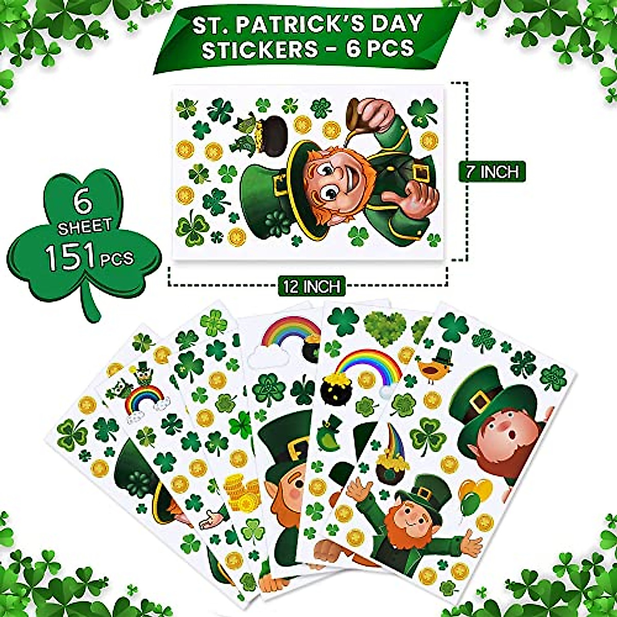 151PCS Happy St. Patrick's Day Window Clings Decorations,St. Patrick's Decal Window Sticker for Glass Decor,Gnome Leprechaun Footprints Holiday Party Door Decorations