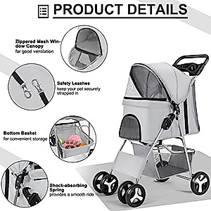 Wedyvko Pet Dog Stroller, 4 Wheel Foldable Cat Dog Stroller with Storage Basket, Handle 360° Front Wheel Rear Wheel with Brake for Small Medium Dogs & Cats (Gray)