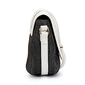 Olivia Miller Women's Fashion Rowan Natural Straw w PU Vegan Leather Front Flap, Black White Small Crossbody Bag w Adjustable Strap, Evening Everyday Casual Work Purse Handbag