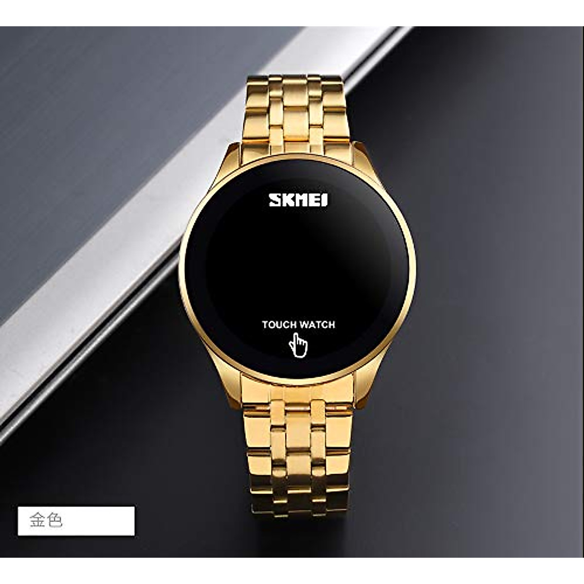 PASOY Touch Screen Digital LED Watch Green Highlight Backlight Stainless Steel WatchBand Waterproof Casual Sport Mens Womens Boys Watch (Gold)