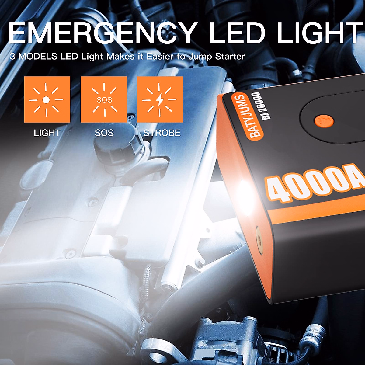 BATYJUMS Battery Jump Starter with - Air Compressor Portable Car Jump Box,𝟰𝟬𝟬𝟬𝗔 𝟭𝟮𝗩 Emergency Booster Pack, Gasoline 𝟭𝟬𝗟 Diesel𝟭𝟬𝗟, 𝟭𝟱𝟬𝗣𝗦𝗜 for Auto Motorcycle