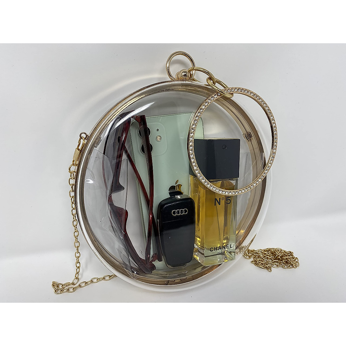 Cirilla Women Acrylic Transparent Round-Cake Clutch Evening Handbag Jeweled Ring Handle for Wedding Cocktail Party Banquet (clear)