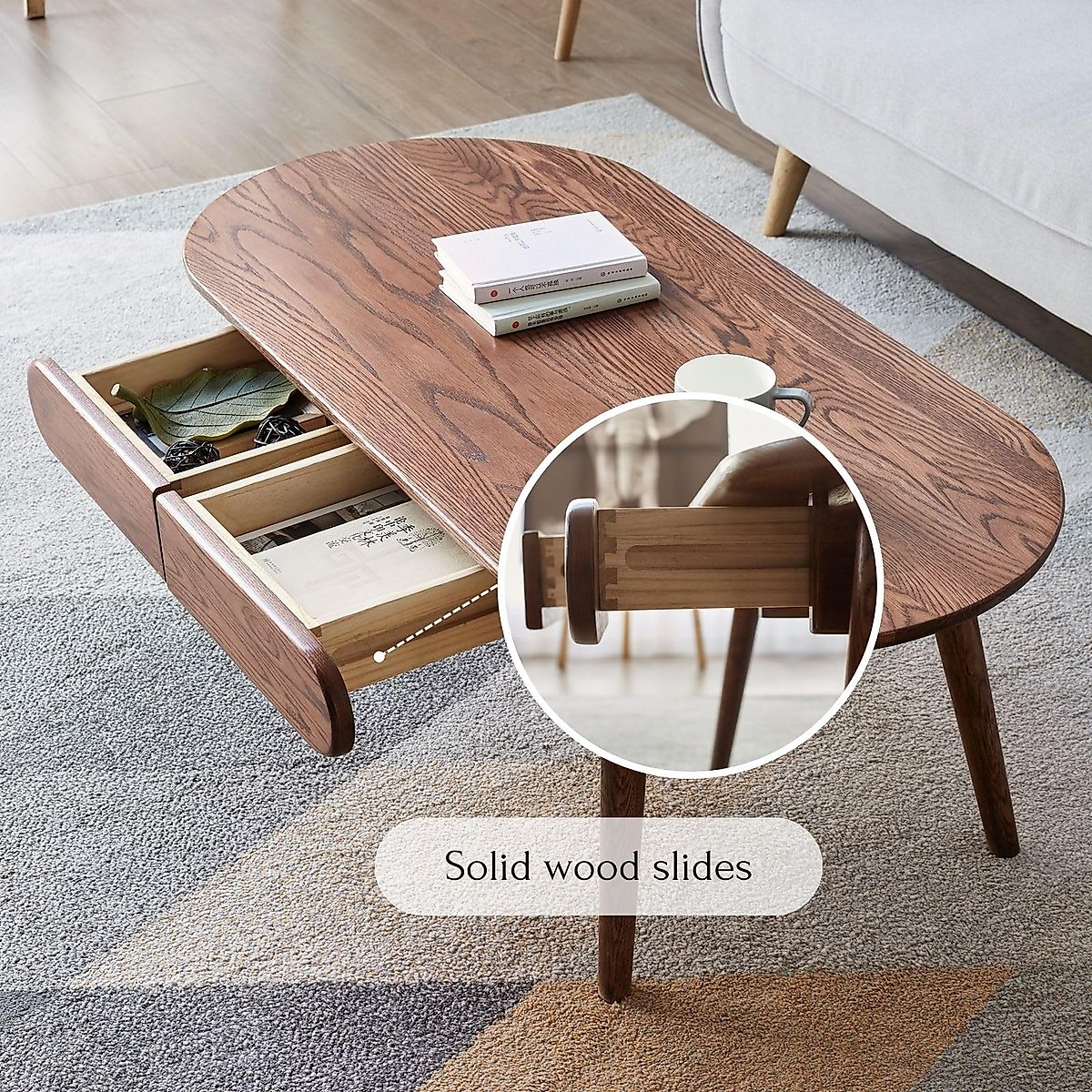 Vadisun Modern 100% FAS Oak Coffee Table - Unique Coffee Table & Space-Saving Wooden Coffee Table Easy Assembly (Walnut color with drawers)
