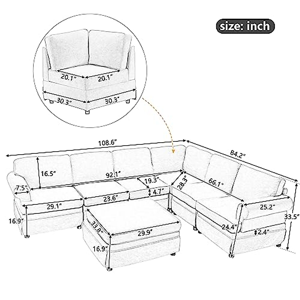 EMKK Sectional Couch L Shaped Sofa 6 Seat Sofa with Chaise，Removable Ottoman,Upholstered Modular Convertible Reversible Sofá,Living Room Furniture Sets for Large Space,Apartments