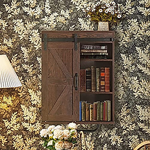 LUCKWIND Bathroom Farmhouse Medicine Cabinet with Sliding Barn Door, Retro Rustic Brown Wall Mounted Bathroom Cabinet w/Removable Towel Bar,Spaces Saving Storage Cabinet for Bathroom,Kitchen,Entryway