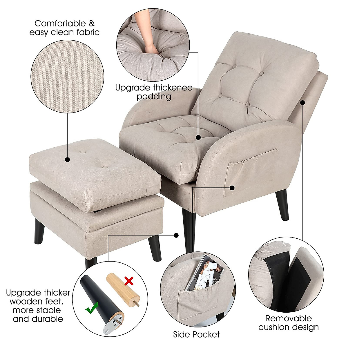ELUCHANG Accent Chairs with Ottoman, Upholstered Comfy Armchair with Adjustable Backrest&Storage Footrest, Lazy Chair Reading Chair Leisure Sofa Recliner for Living Room Bedroom (Light Grey - Linen)