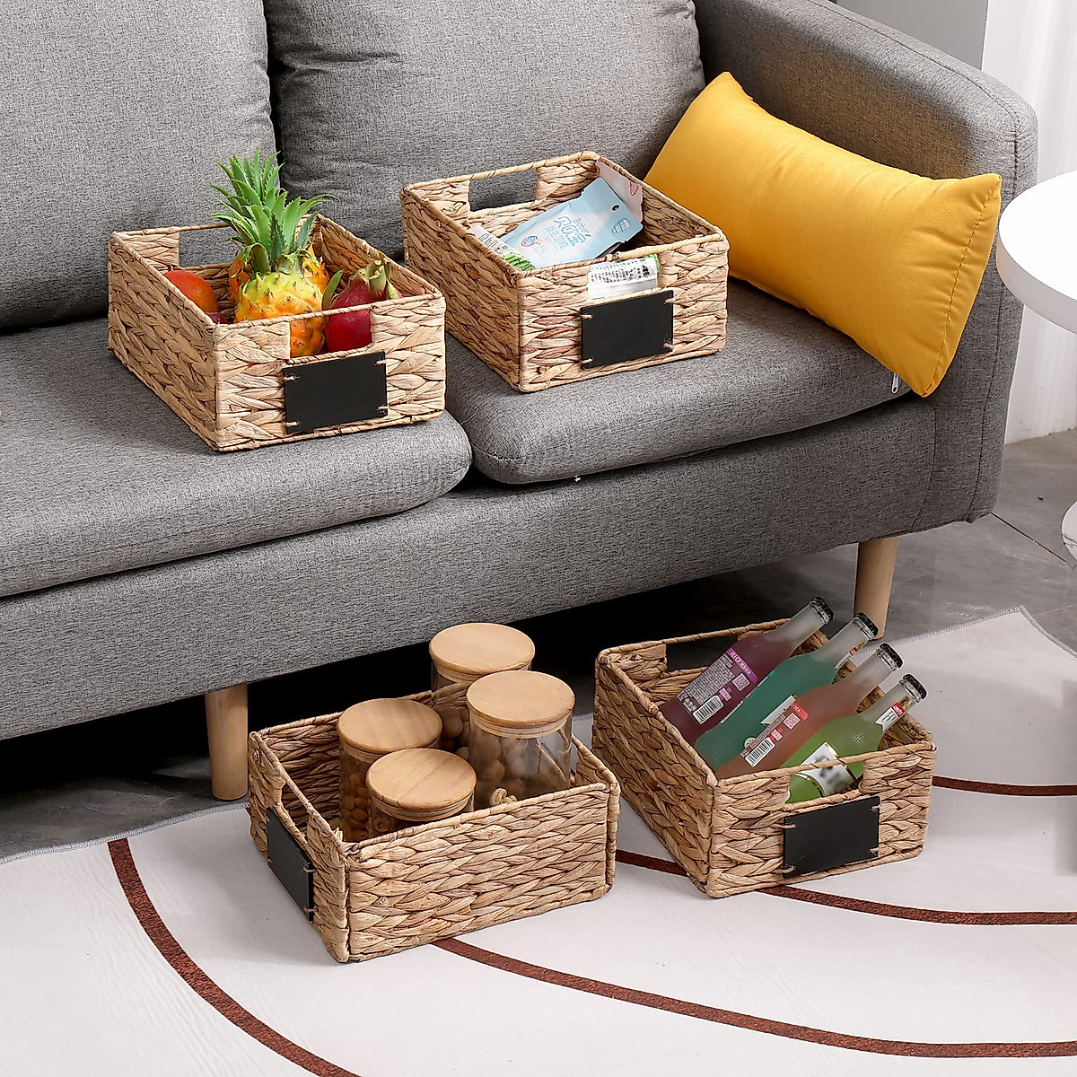 Rectangular Seagrass Baskets Hanging Storage Baskets Kitchen Storage Basket,Foldable Water Hyacinth Basket,Woven Kitchen Organizer with Labels&White Chalk Markers,Set of 4 Pcs,10.8x9x4.9inch