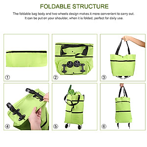 2 in 1 Foldable Shopping Cart, 2023 New Foldable Shopping Bag Carts with Wheels, Portable Rolling Tote Shopping Bag with Wheels, Waterproof Trolley Collapsible Grocery Shopping Tote Bag Cart (A GREEN)