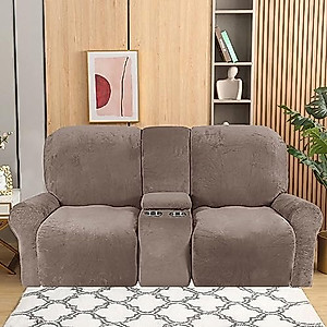 cjc Reclining Loveseat with Middle Console Slipcover, 8-Piece Velvet Stretch Loveseat Reclining Sofa Covers, 2 seat Loveseat Recliner Cover, Thick, Soft, Washable, Loveseat Slipcovers(Taupe)