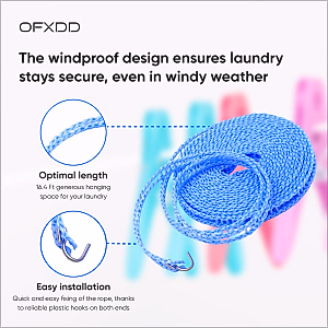 Clothes Line 16.4 Ft - Indoors & Outdoors Clothesline - Portable Laundry Line for Hanging Clothes - Windproof Rope with Hooks