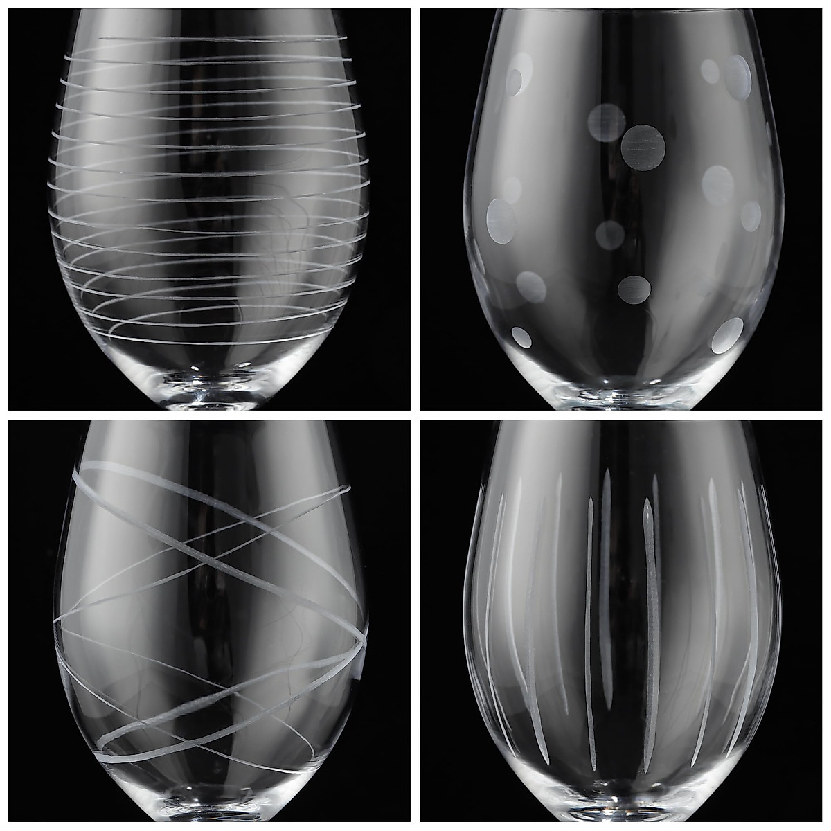 Joeyan Hand Blown Etched Red and White Wine Glasses,Stemmed Glasses with Stripes and Dots Pattern,Clear Carved Long Stem Glassware Set for Wine Tasting Birthday Anniversary Wedding,19 oz,Set of 4