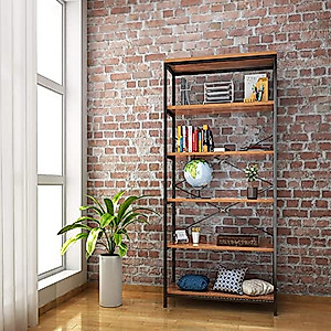 Kemanner 5-Tier Industrial Style Bookcase, Vintage Free Standing Bookshelf, Rustic Wood Bookcases Furniture (Brown.)