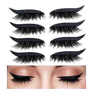 Aaiffey Eyeliner Sticker with Eyelashes,Reusable Eyelashes & Eyeliner Stickers Natural & Waterproof Eyelashes Makeup Stickers Instant for Women 4 Pairs (Black)