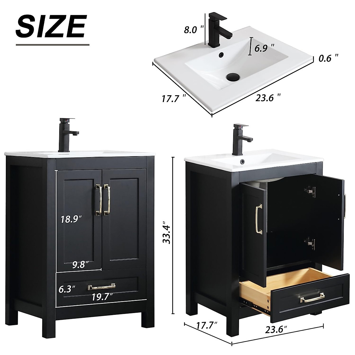 LUCKWIND 24” Bathroom Vanity with Sink, Modern Painted Bathroom Storage Cabinet with Ceramic Basin Sink Top, Faucet and Drawers Without Mirror, Black