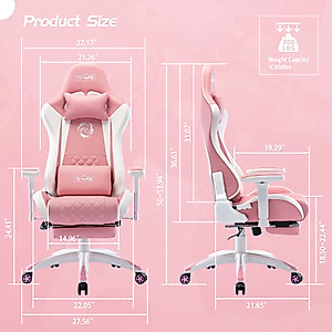 S*MAX Pink Gaming Chair with Footrest Thicken Seat Ergonomic Pink Gamer Chair with 3D Armrest PU Leather Headrest and Lumbar Support High Back Gaming Chair for Girls Pink and White
