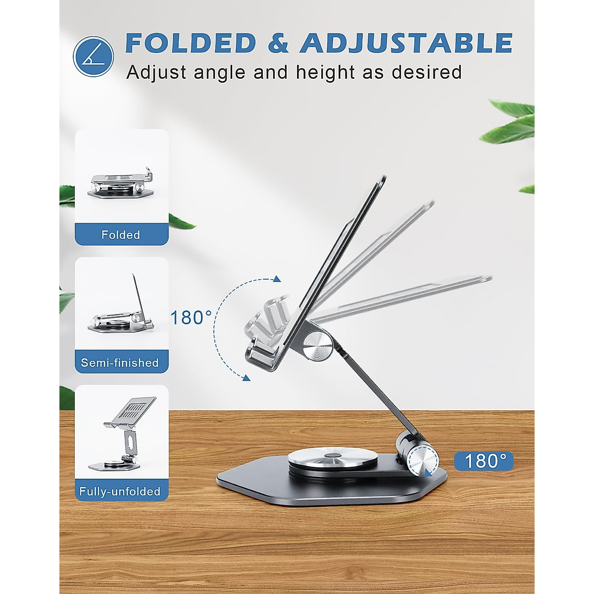 SOJUNER Tablet Stand Holder for Desk, Swivel iPad Stand with 360 Rotating Base, Aluminum Foldable Desktop Stand Holder Compatible with All Tablet Such as iPad Pro 12.9,11,10.5,9.7, Grey