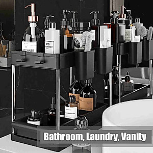 MOUDAO 2 Pack Under Sink Organizers and Storage Bathroom Organizer, 2 Tier Black Under Sink Organizer Cabinet Kitchen Organization Pantry Closet with Pull-Out Drawers, Anti-slip Mats, Hanging Hooks