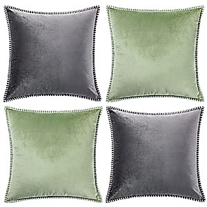 GAWAMAY Grey 16x16 Fall Pillow Covers,Pack of 2 Decorative Cushion Pillow Cases with Chenille Edge Soft Boho Decor Pillows for Living Room Sofa Couch Beding Green Velvet Euro Pillow (40x40cm)