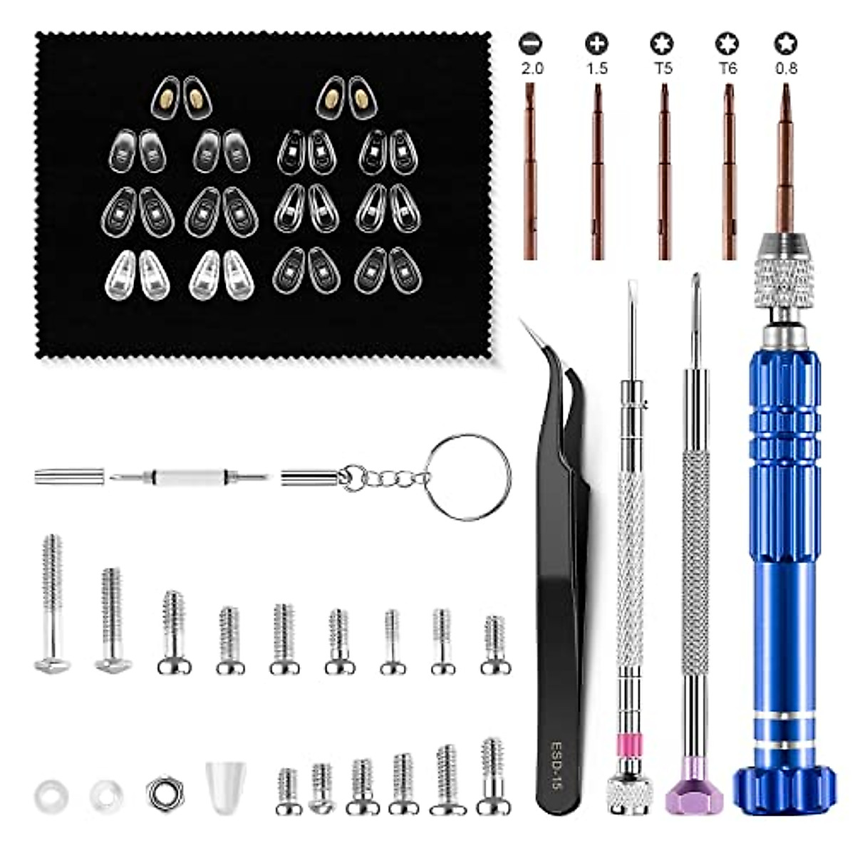 kzj Eyeglass Repair Kit,Upgrade Glasses Repair Kit with Screws,Nose Pads,Screwdriver,Tweezers and Cleaning Cloth for Glasses,Sunglasses,Watch Clock