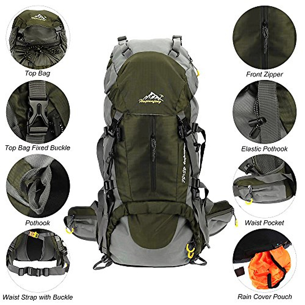 HUIOP Hiking Backpack, 50L Waterproof Outdoor Sport Hiking Trekking Camping Travel Backpack Pack Mountaineering Climbing Knapsack with Rain Cover