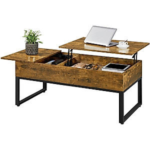 Yaheetech Lift Top Coffee Table with Storage, Industrial Coffee Table with Hidden Compartment & Lift Tabletop for Living Room, Rustic Brown