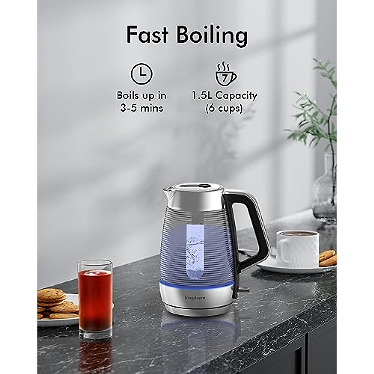 1.5L Double-Walled Cool Touch Electric Tea Kettle, Sleek and Heat-Resistant Glass Body with LED Light Indicator, Wide-Open Lid, BPA-Free, Fast Heating 1500W for Hot Water and Tea, Silver