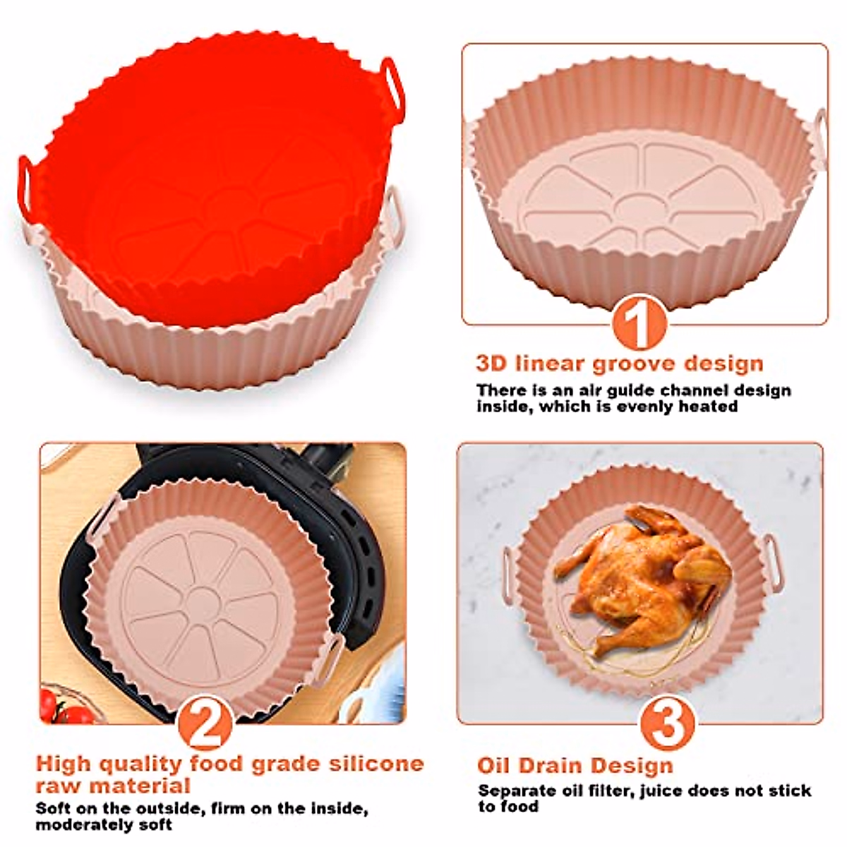 2 Pack Air Fryer Silicone Liners Pot, Fit for 3.8 to 9.5 QT Air Fryer, Food Grade Reusable Air Fryer Baking Silicone Tray Basket Bowl, Replacement of Flammable Disposable Parchment Paper (Red + Pink)
