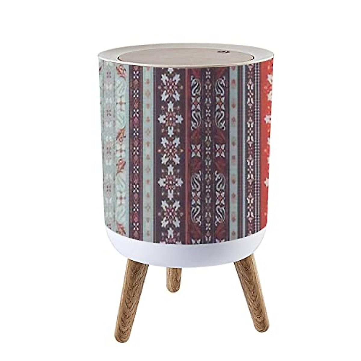 Small Trash Can with Lid Seamless Based on Ornament Paisley Bandana Print Vintage Style Silk Wood Legs Press Cover Garbage Bin Round Waste Bin Wastebasket for Kitchen Bathroom Office 7L/1.8 Gallon