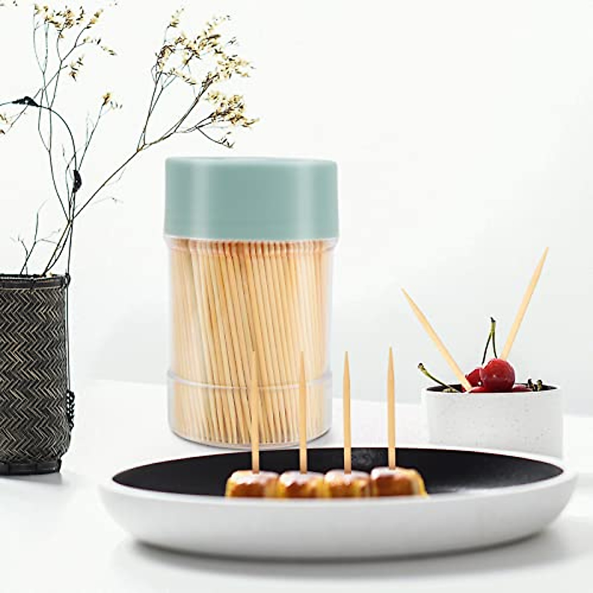 TRTRin Bamboo Toothpicks [3000 Count] - With Reusable Toothpick Holder, Sturdy Smooth Finish Tooth Picks, for Party, Appetizer, Olive, Barbecue, Fruit and Teeth Cleaning, Green.