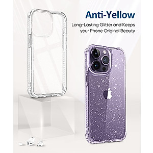 MIODIK for iPhone 14 Pro Case with Screen Protector + Camera Lens Protector, [Non-Yellowing] Clear Glitter Phone Case, Shockproof Protective Women Cute Bumper Cover for 6.1 Inch - Sparkle Clear