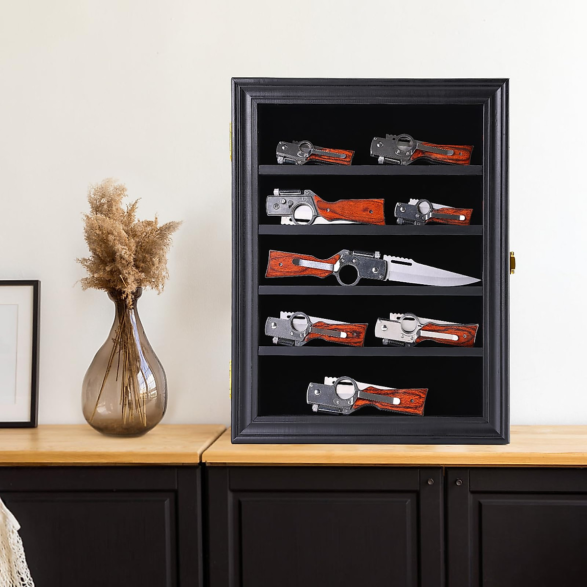 LIUYALO Knife Display Case 5 Rows Pocket Knife Display Cases for Collections Stand Military Folding Knife Shadow Box Wall Cabinet with UV Protection Acrylic Lockable, Black