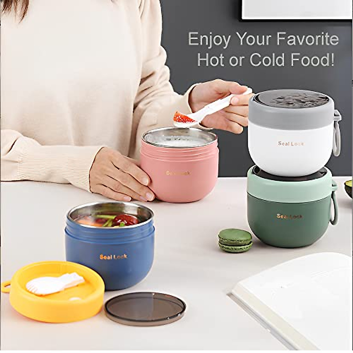 (White) 21oz Stainless Steel Insulated Food Thermos with Lids and Spork for Hot and Cold Food, Overnight Oats Container for, Food Storage Container, Meal Prep Container, Soup Thermos,