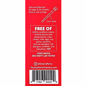 SmartyPants Baby Multi&DHA Supplement:Liquid Multivitamin with Vitamin D3, C,Vitamin B6,Biotin,Choline & Lutein, for Infants 6-24 Months,Gluten Free,Natural Fruit Flavor,30 Servings(Package May Vary)