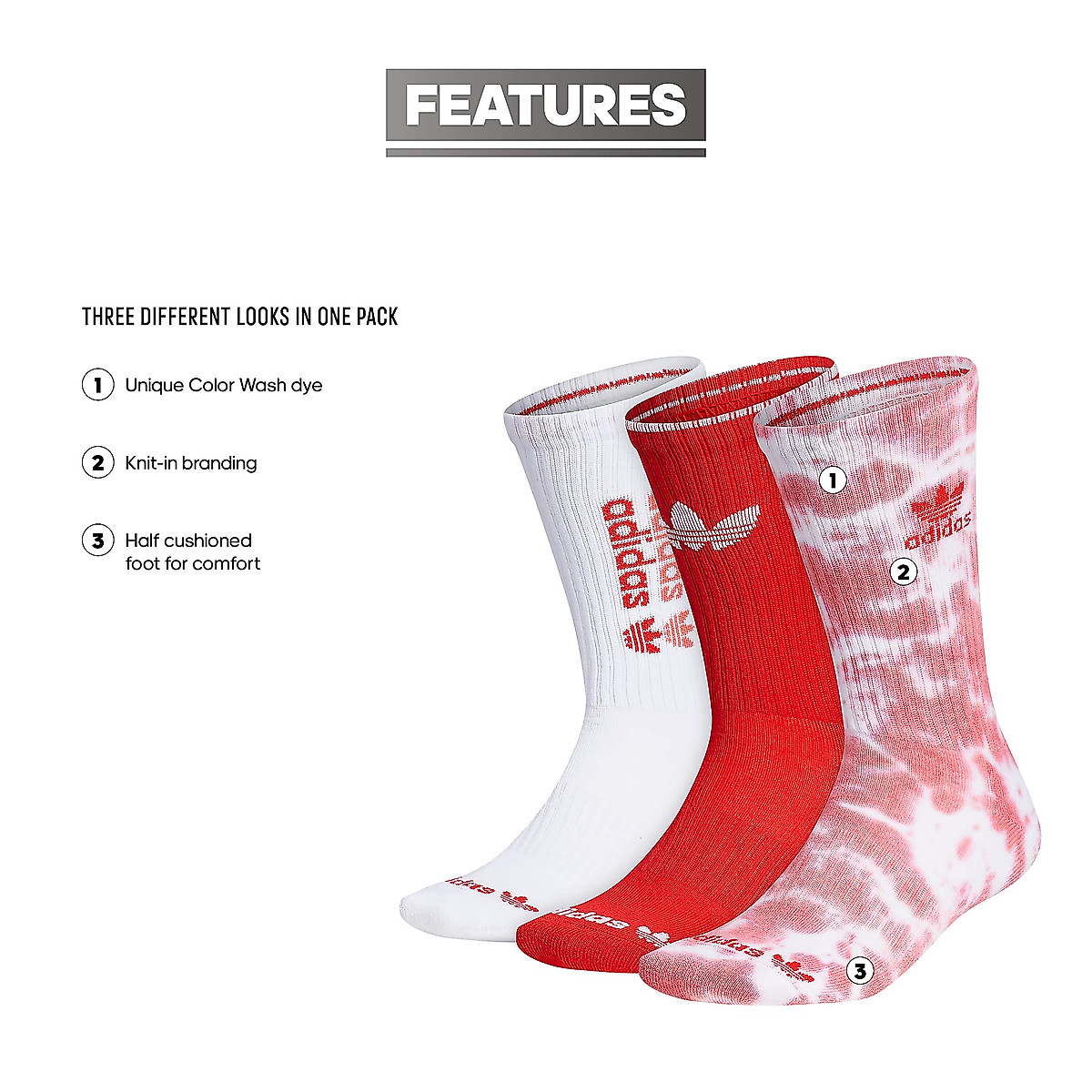 adidas Originals Mixed Graphics Cushioned Crew Socks (3-Pair), Semi Turbo Pink/White/Vivid Red, Large