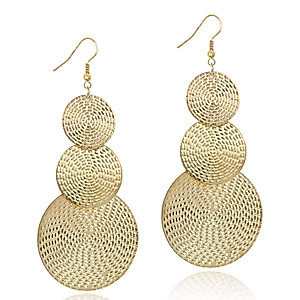 COZLANE 14K Gold Triple Round Disc Earrings Dangle Drop Carved Big Dangling Bohemia Vintage Circular Statement Chandelier Earrings for Women